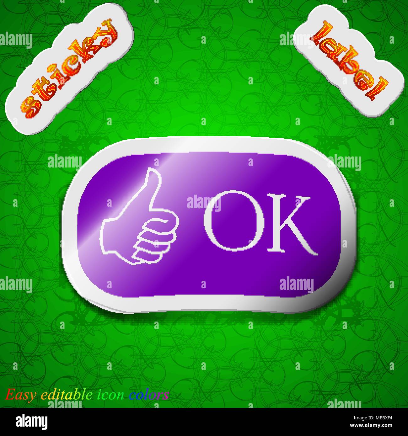 OK icon sign. Symbol chic colored sticky label on green background ...