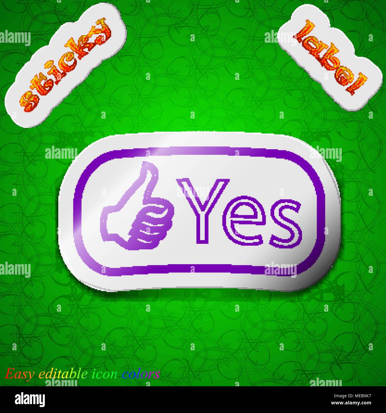 Yes icon sign. Symbol chic colored sticky label on green background ...