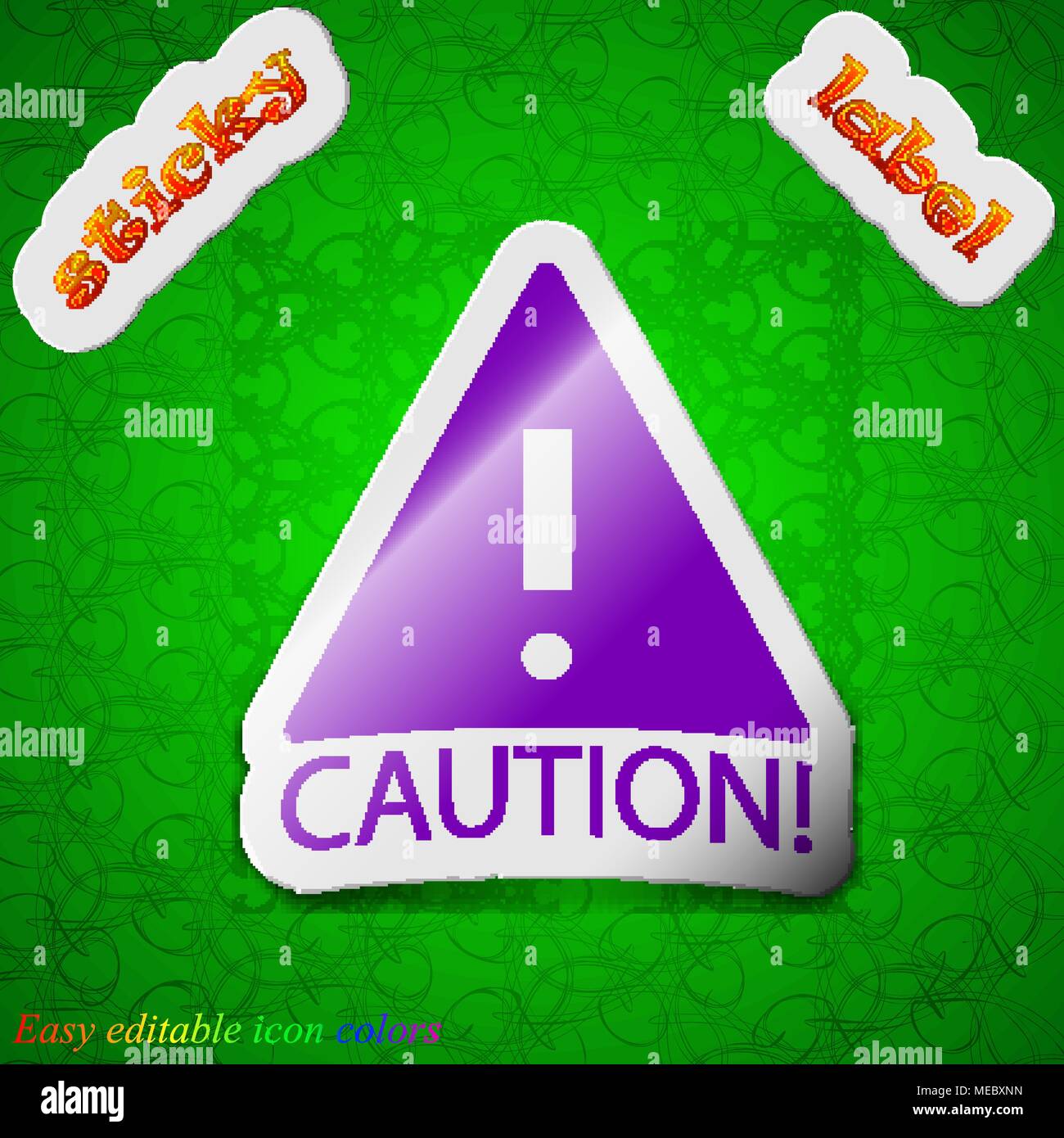 Attention caution icon sign. Symbol chic colored sticky label on green ...
