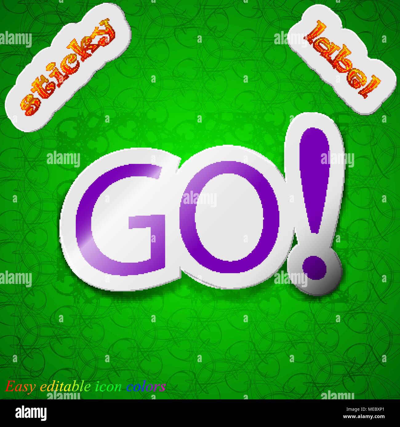 GO icon sign. Symbol chic colored sticky label on green background ...