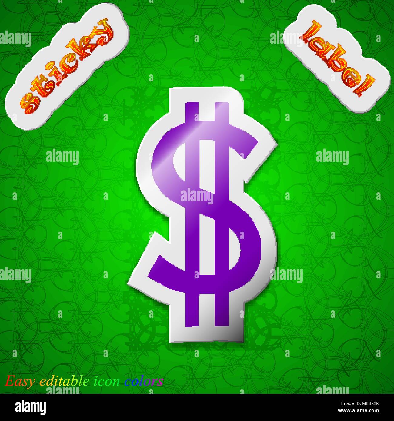 Dollars icon sign. Symbol chic colored sticky label on green background ...