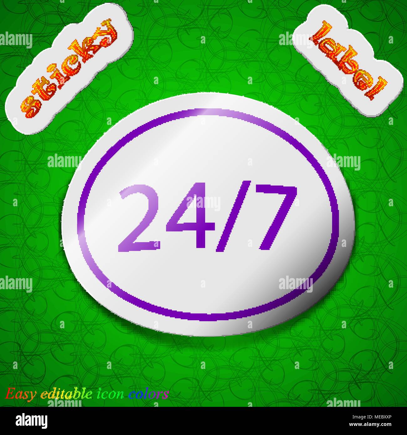 24 hours a day and 7 days a week icon sign. Symbol chic colored sticky ...