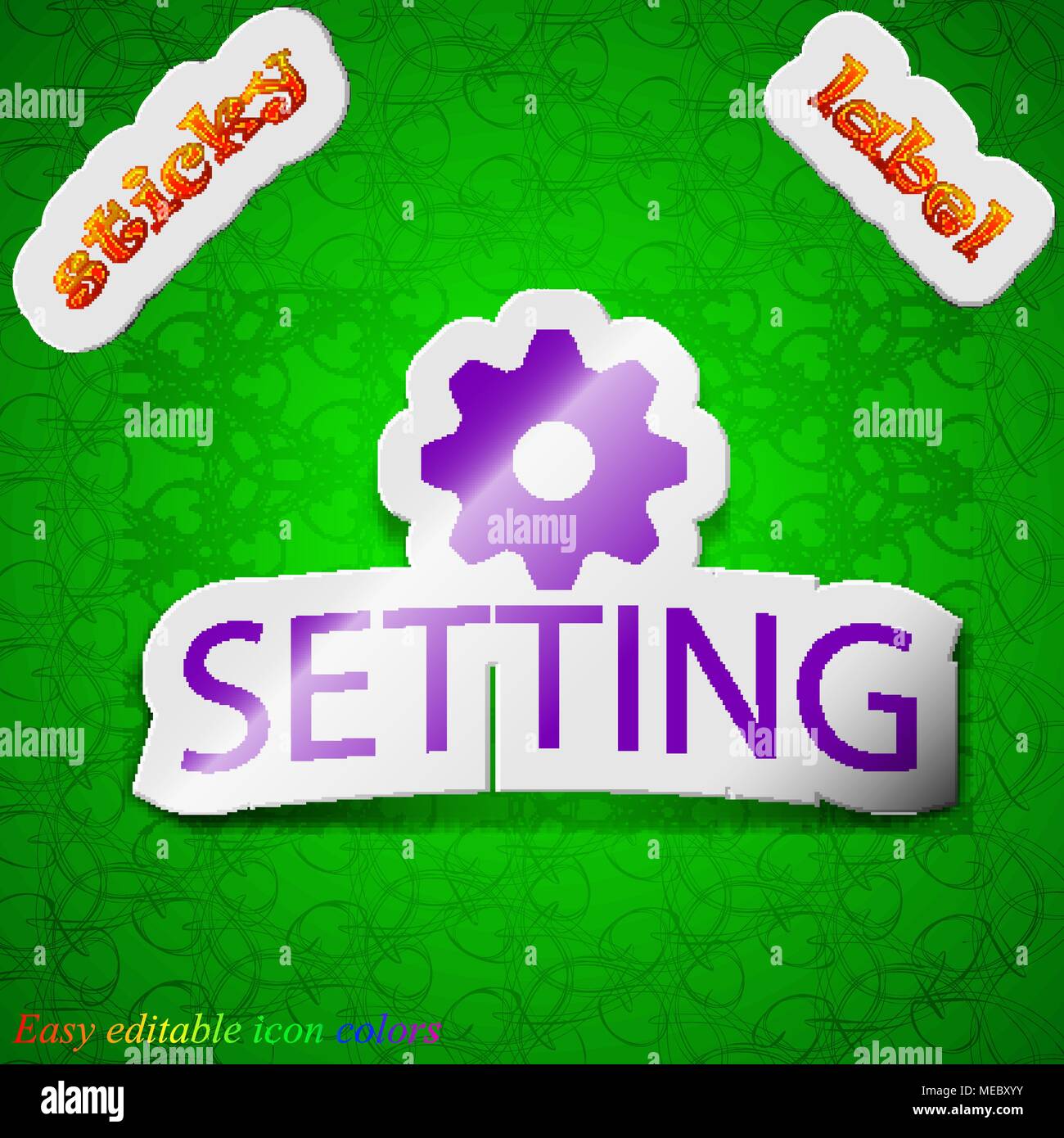 Cog settings icon sign. Symbol chic colored sticky label on green ...