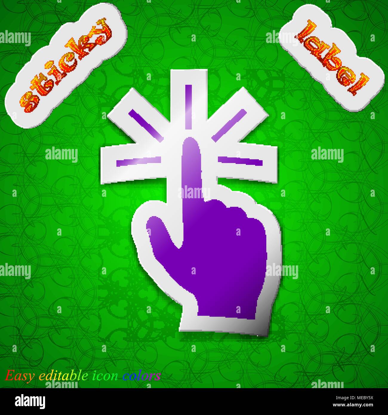 Click here hand icon sign. Symbol chic colored sticky label on green ...