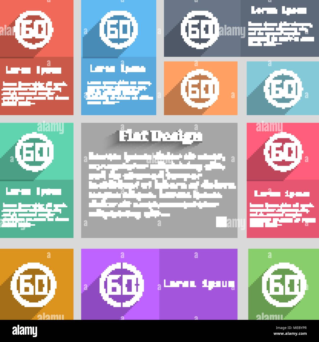 60 second stopwatch icon sign. Set of multicolored buttons. Metro style ...