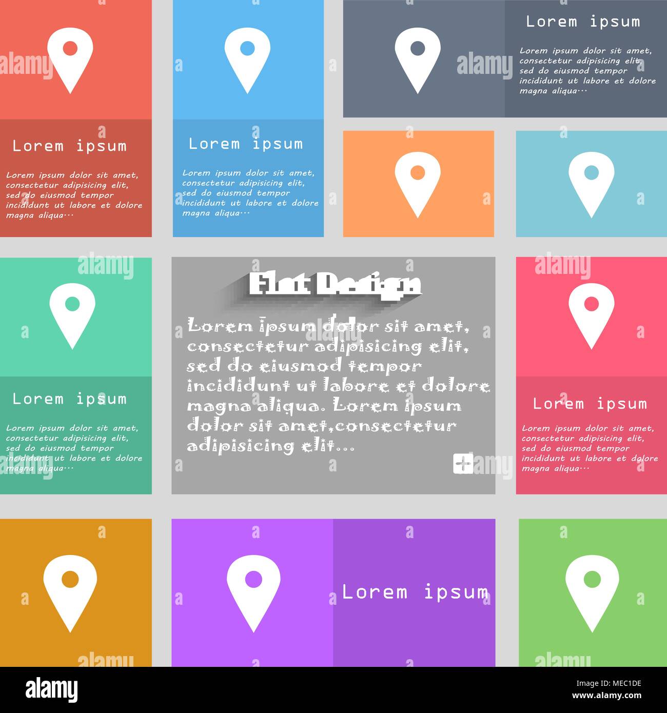 Map pointer, GPS location icon sign. Set of multicolored buttons. Metro ...