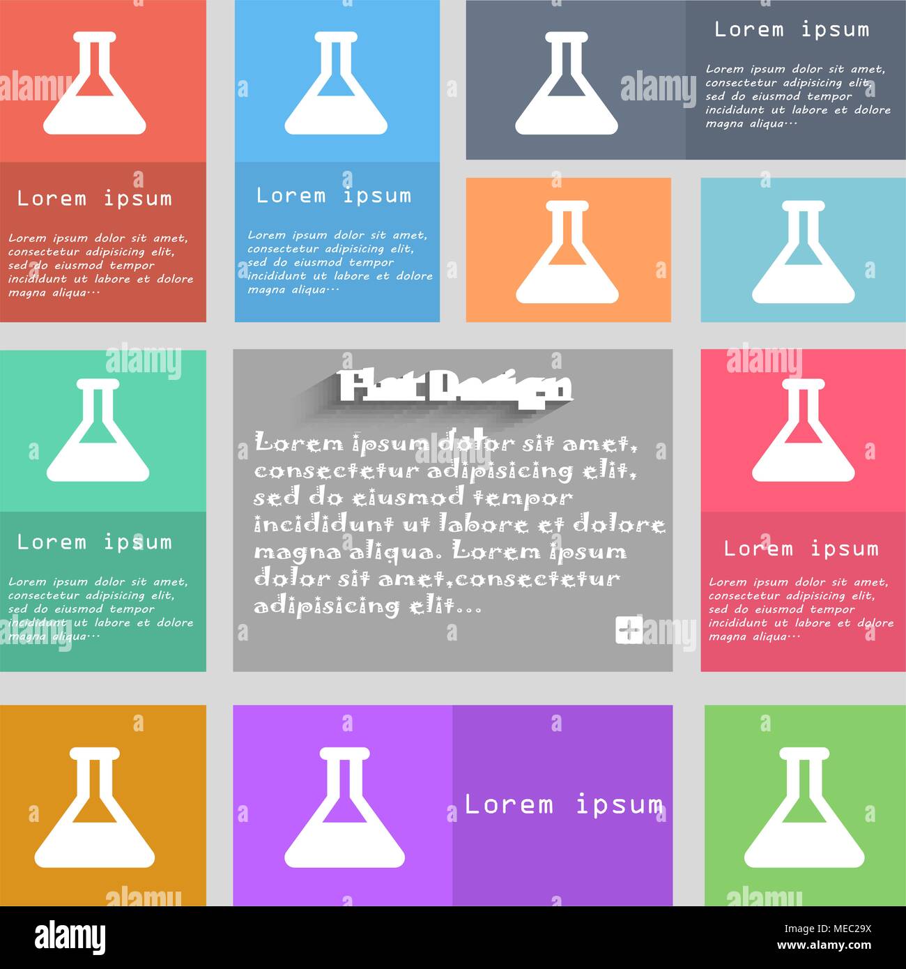 Conical Flask icon sign. Set of multicolored buttons with space for ...