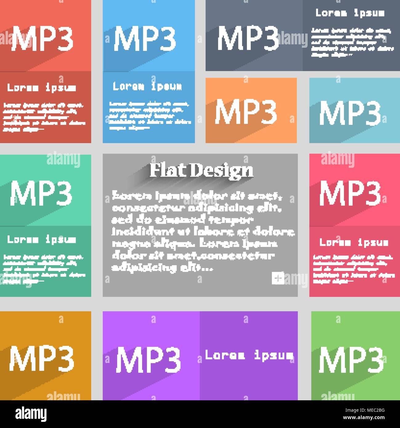 Mp3 music format sign icon. Musical symbol. Set of colored buttons ...