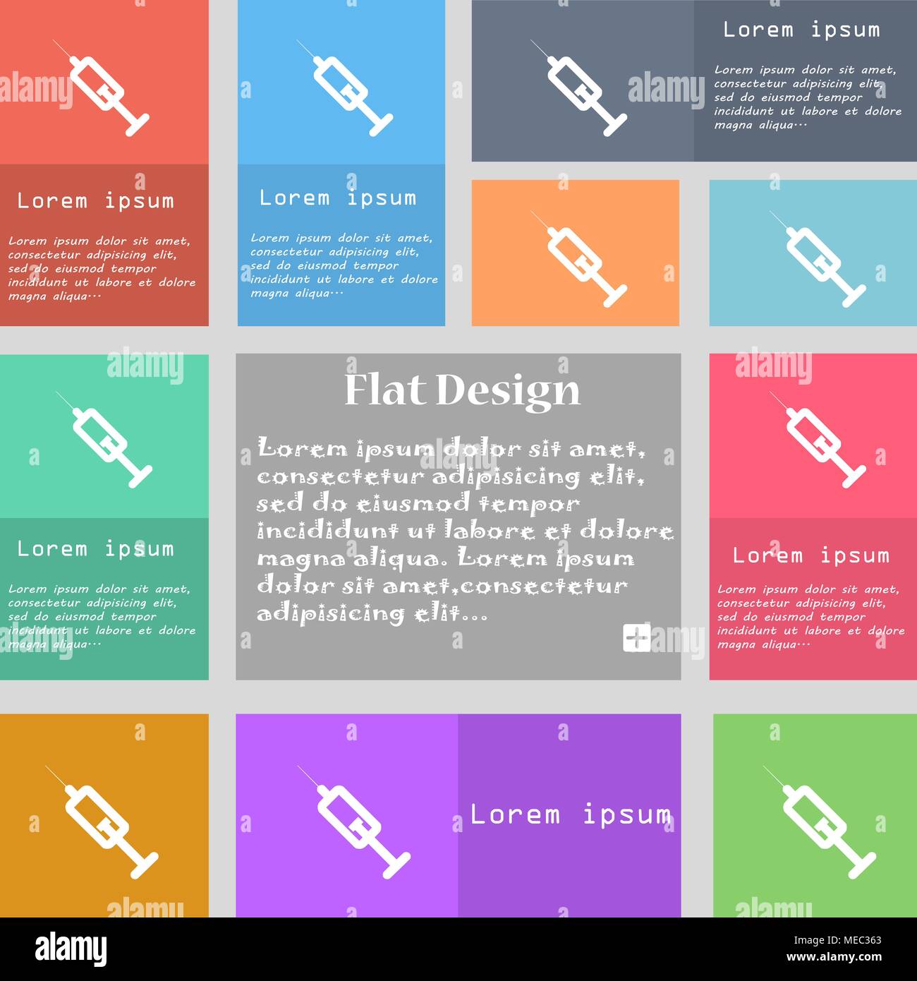 syringe icon sign. Set of multicolored buttons with space for text ...