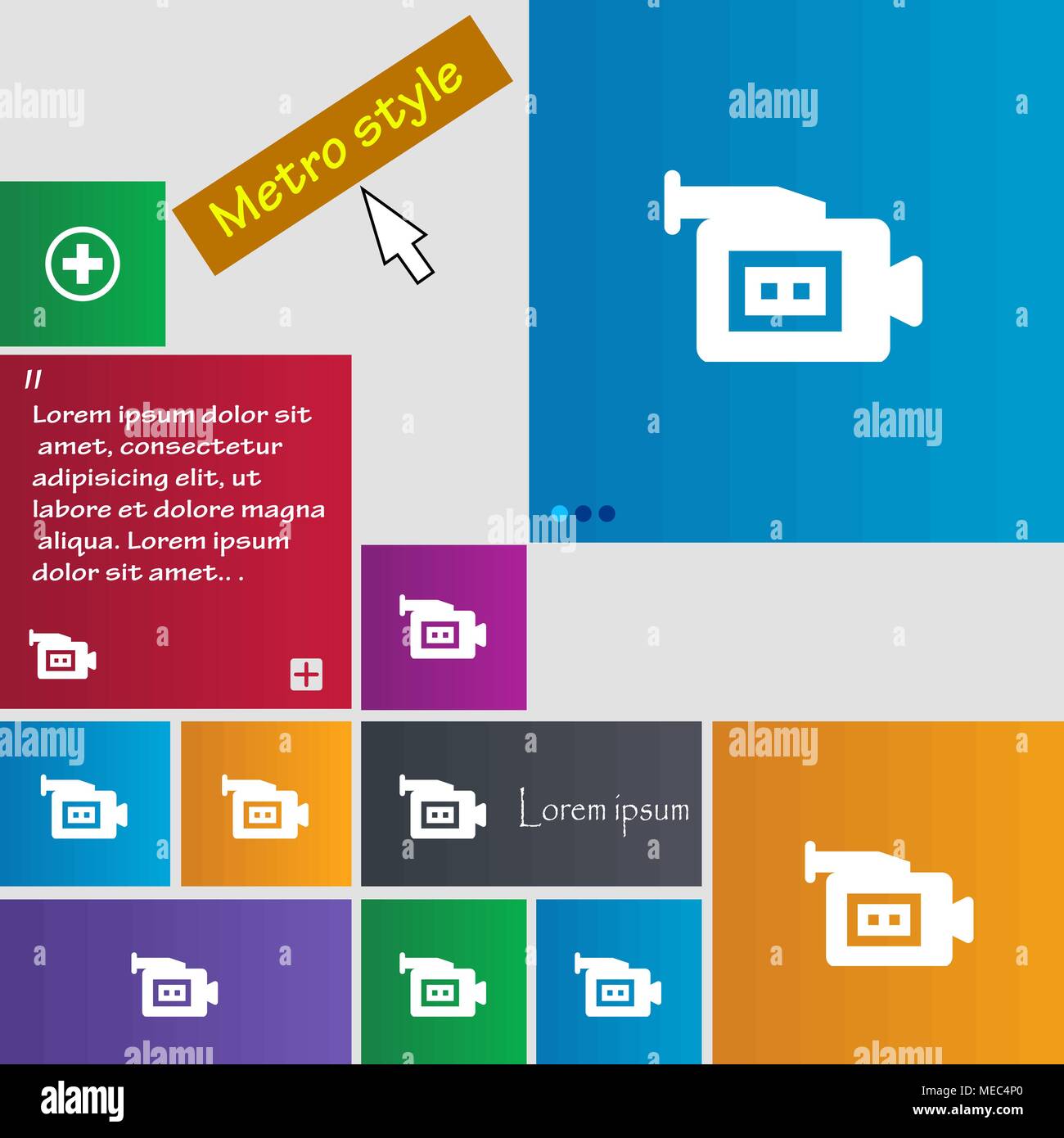 video camera icon sign. Metro style buttons. Modern interface website buttons with cursor ...
