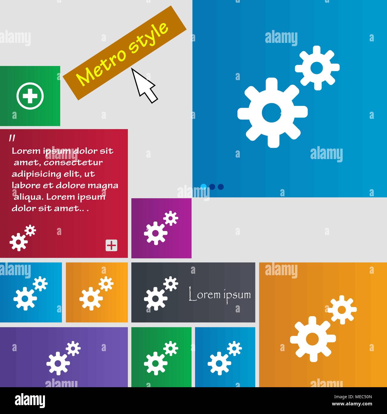 Cog settings, Cogwheel gear mechanism icon sign. Metro style buttons. Modern interface website ...