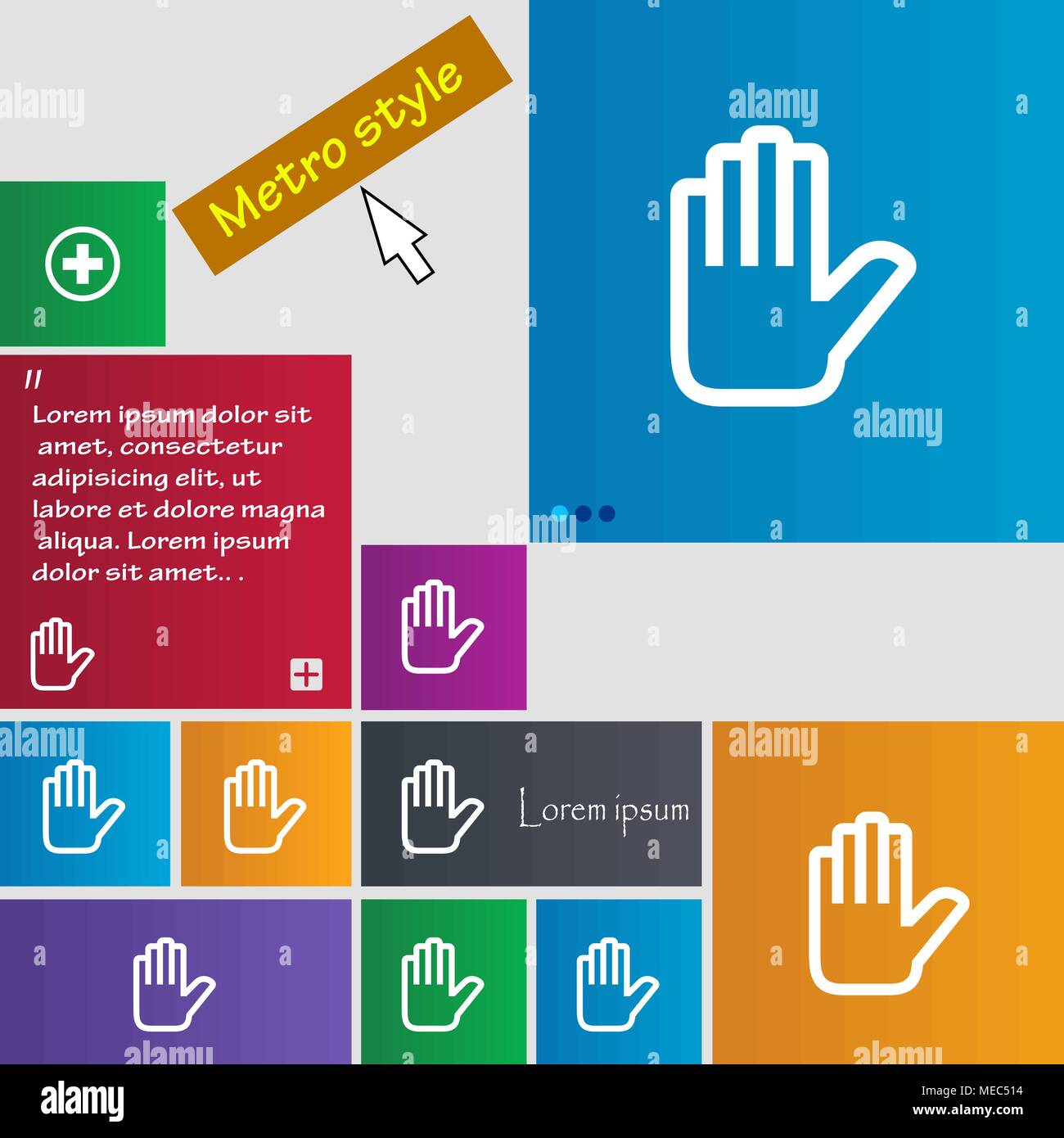 Hand print, Stop icon sign. Metro style buttons. Modern interface website buttons with cursor ...
