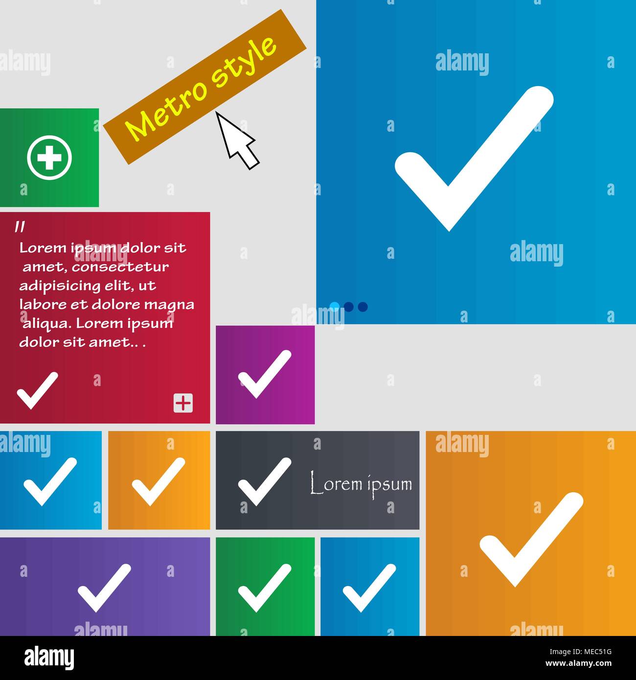Check mark, tik icon sign. Metro style buttons. Modern interface website buttons with cursor ...