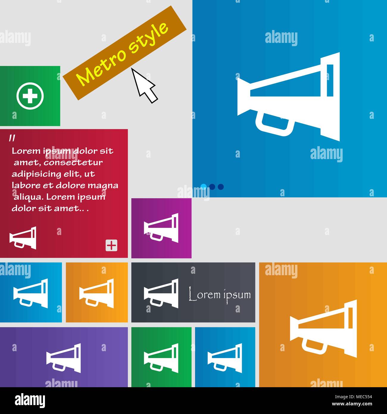 Megaphone soon, Loudspeaker icon sign. Metro style buttons. Modern interface website buttons ...