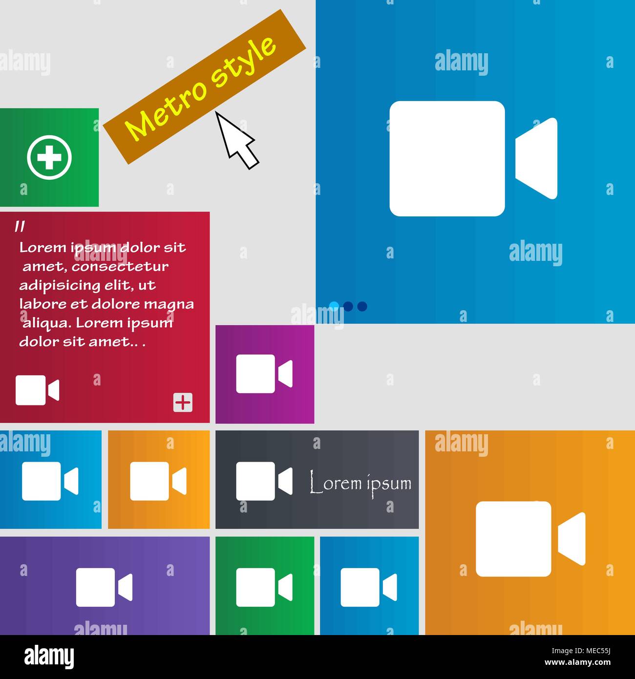 Video camera icon sign. Metro style buttons. Modern interface website buttons with cursor ...