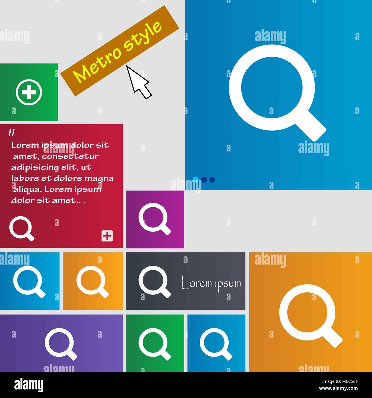 Magnifier glass icon sign. Metro style buttons. Modern interface website buttons with cursor ...