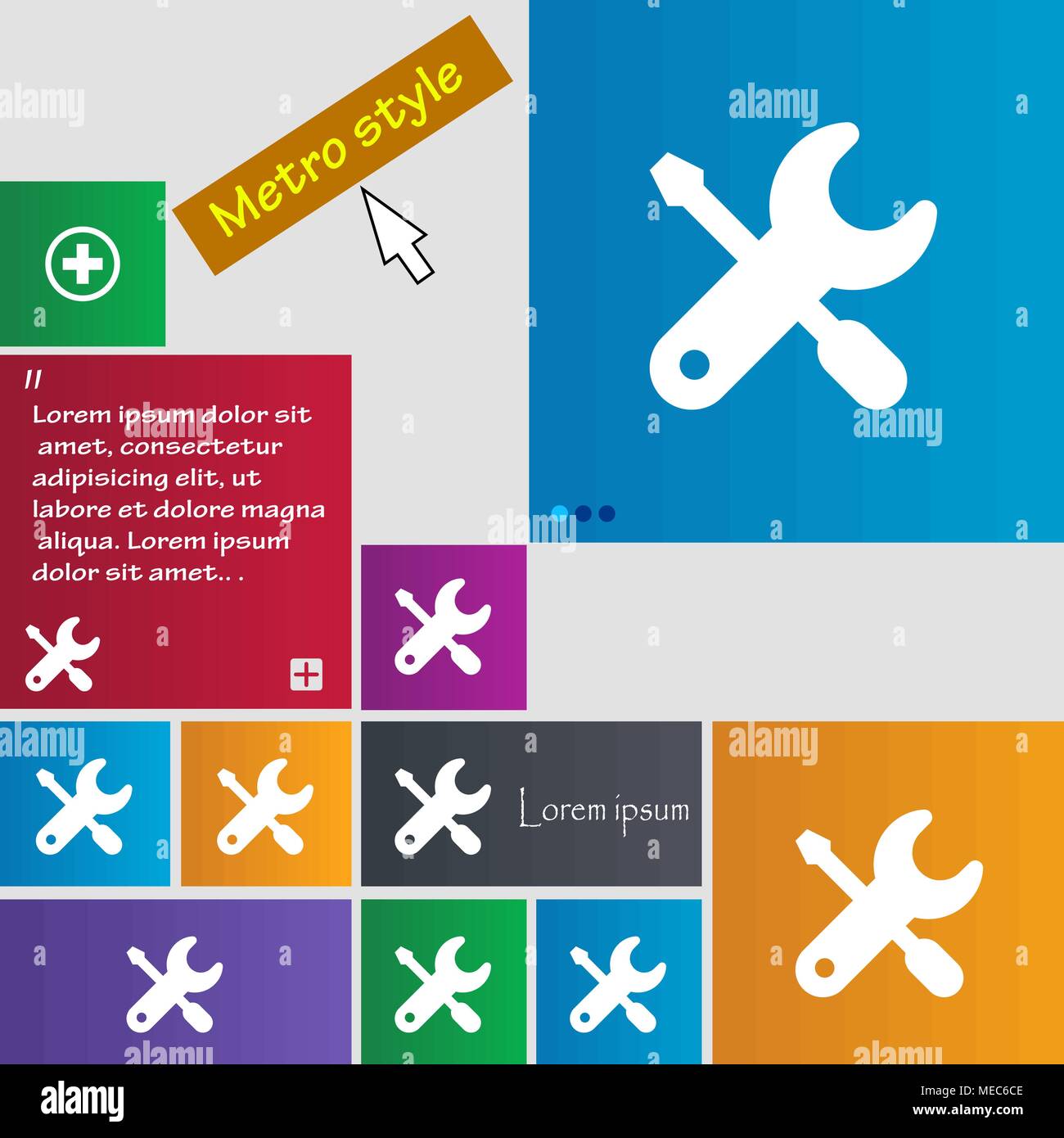 screwdriver, key, settings icon sign. buttons. Modern interface website buttons with cursor ...