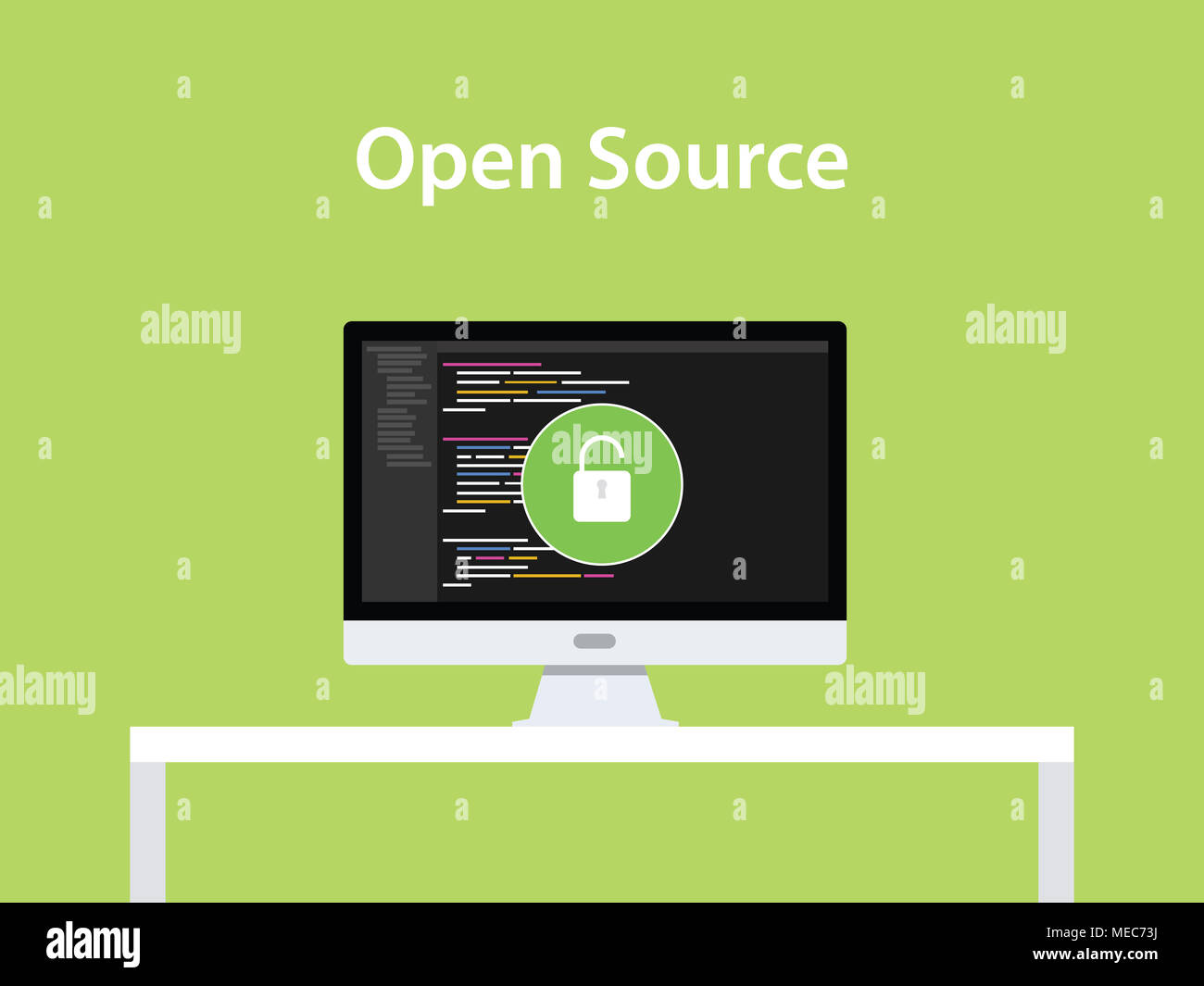 open source concept illustration with pc computer desktop on top of the table with code ...