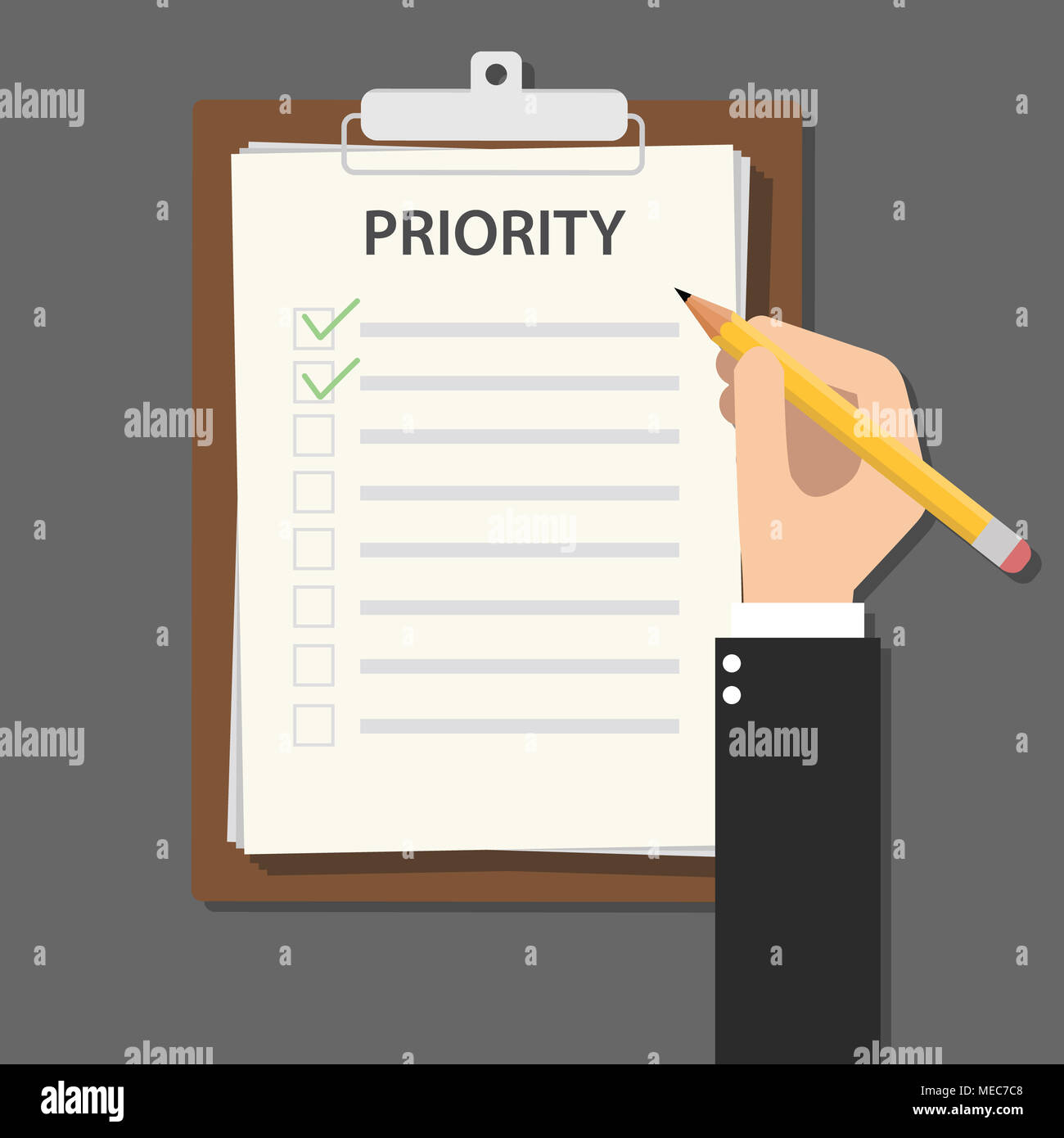 priority concept illustration with business man hand signing a paper ...