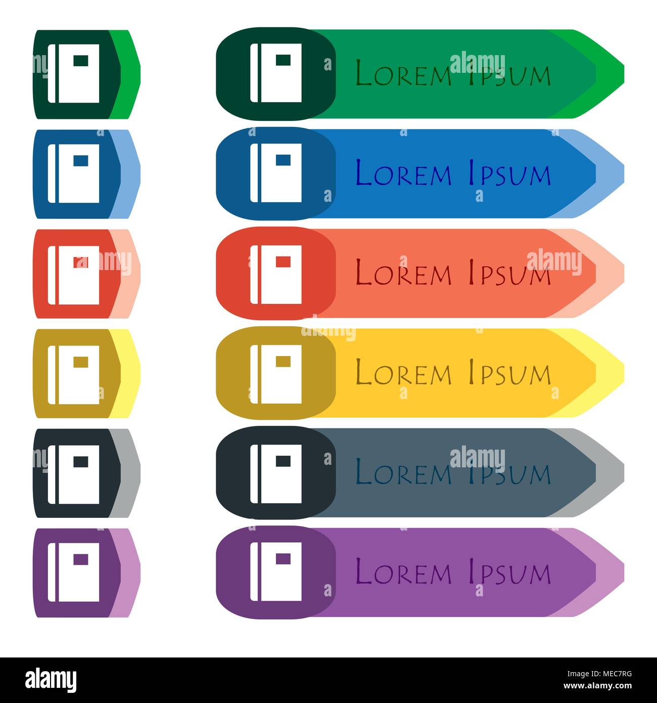 Book icon sign. Set of colorful, bright long buttons with additional ...