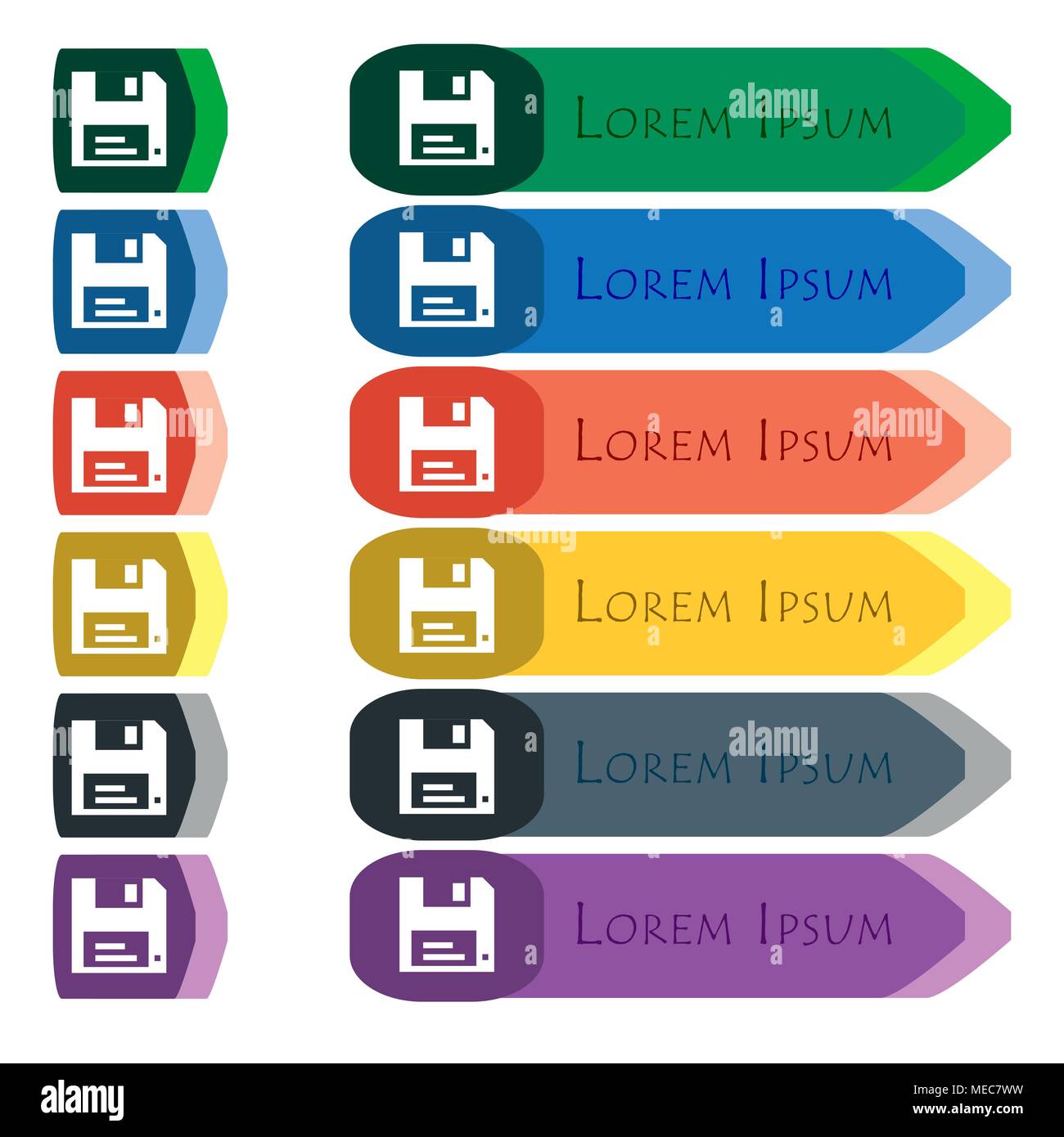 floppy icon sign. Set of colorful, bright long buttons with additional ...