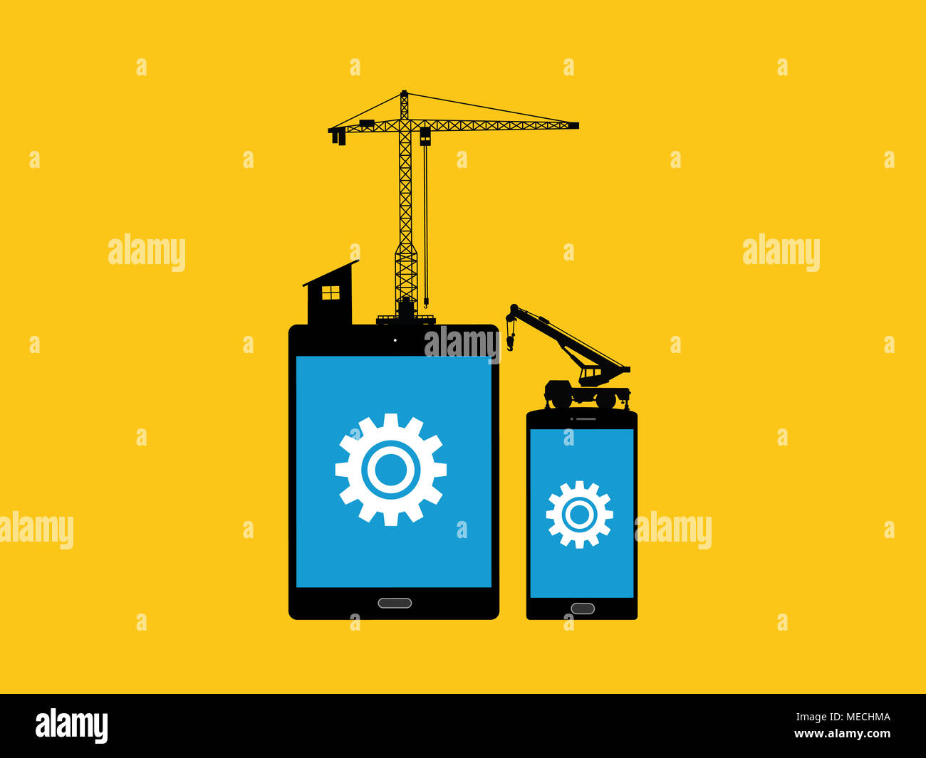 mobile apps development concept with tab and smartphone with gear and ...