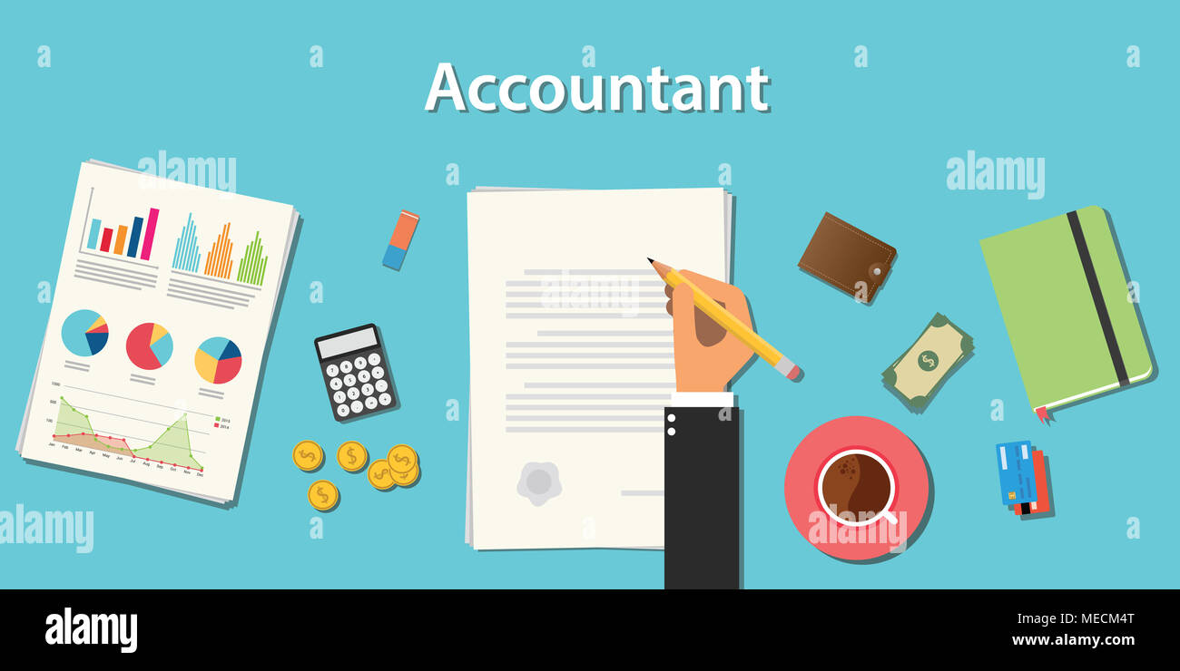 accountant illustration with businessman working on paper document with ...