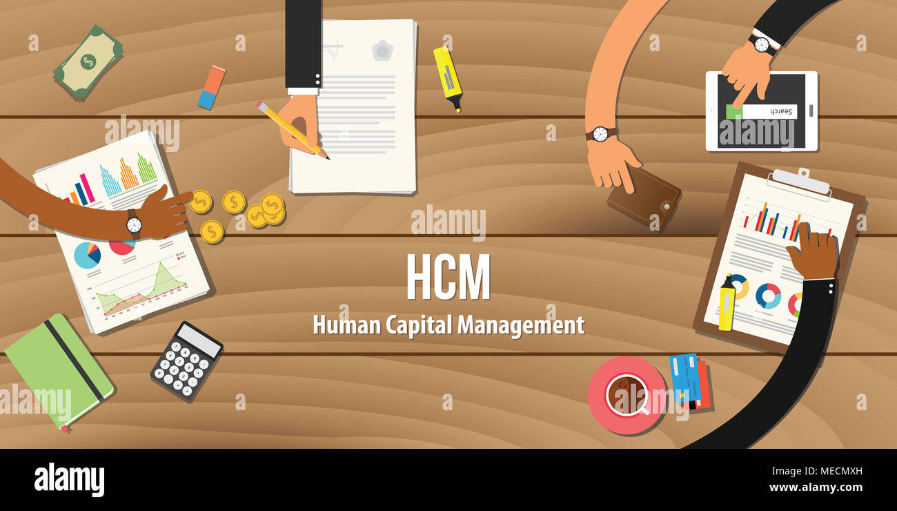 hcm human capital management illustration team work together with hand ...
