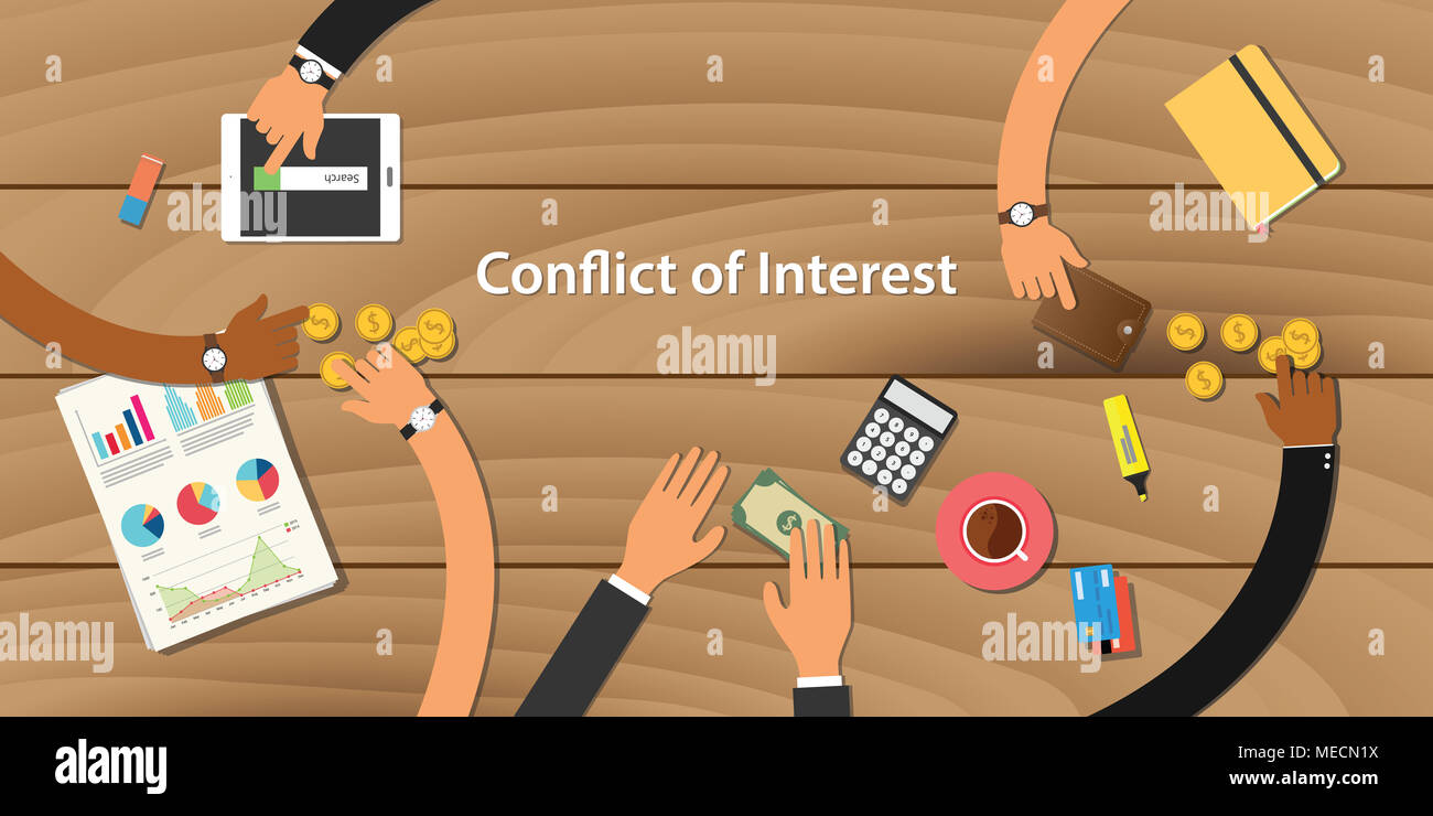 conflict of interest illustration team work together with hand on ...