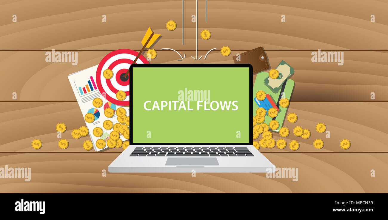 capital flows illustration with text on laptop display with business ...