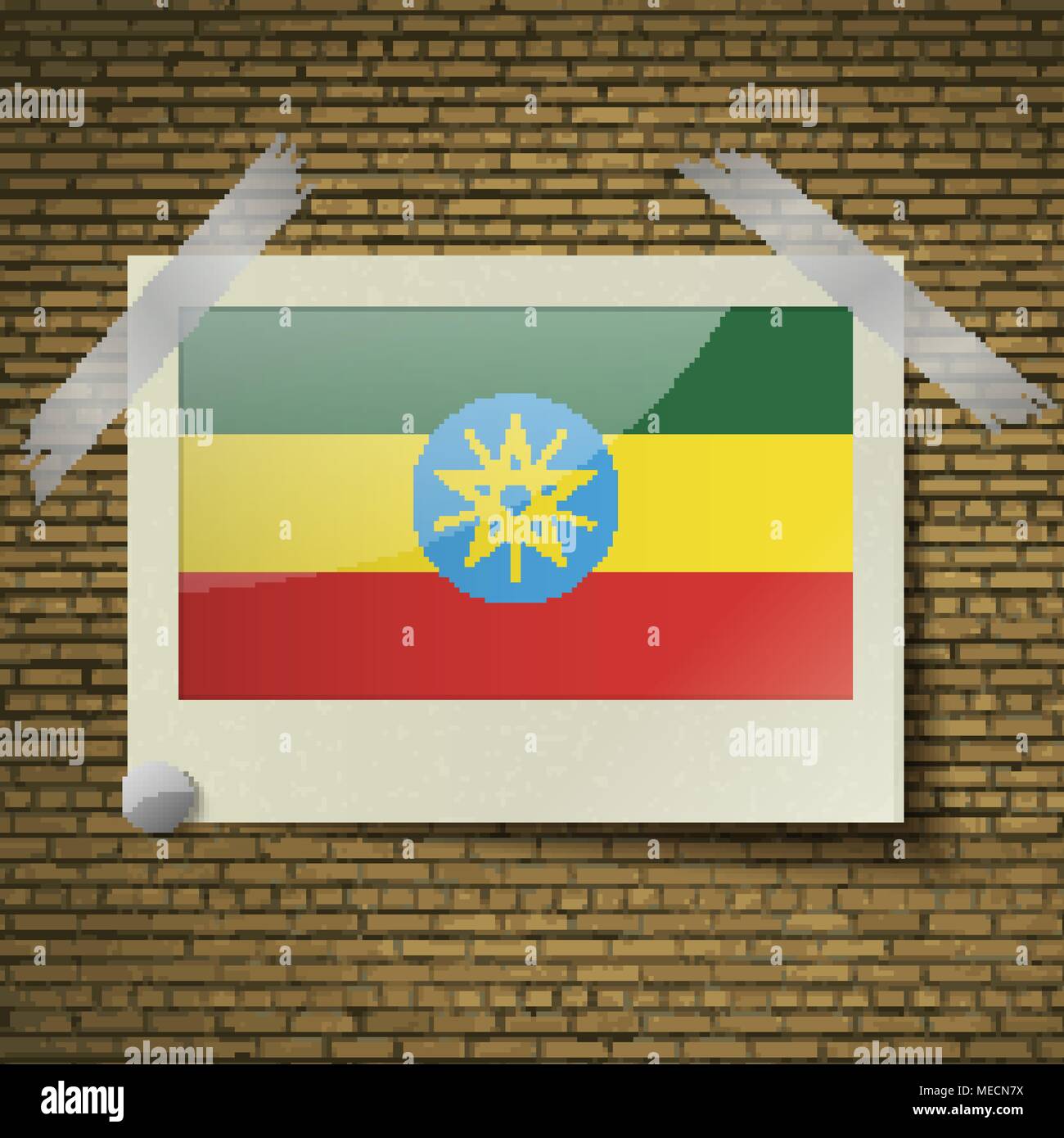 Flags of Ethiopia at frame on a brick background. Vector illustration ...