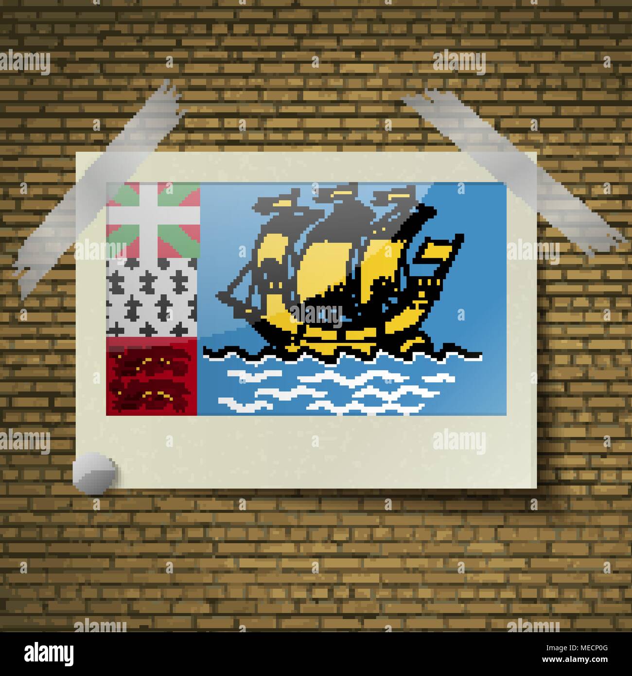 Flags of Saint Pierre and Miquelon at frame on a brick background ...