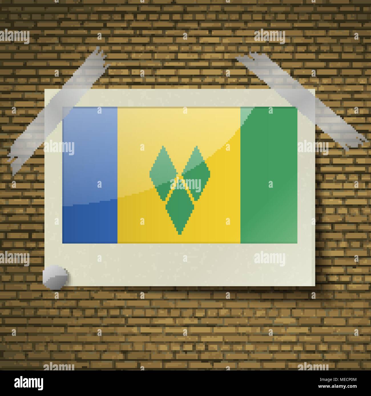 Flags of Saint Vincent and Grenadines at frame on a brick background ...