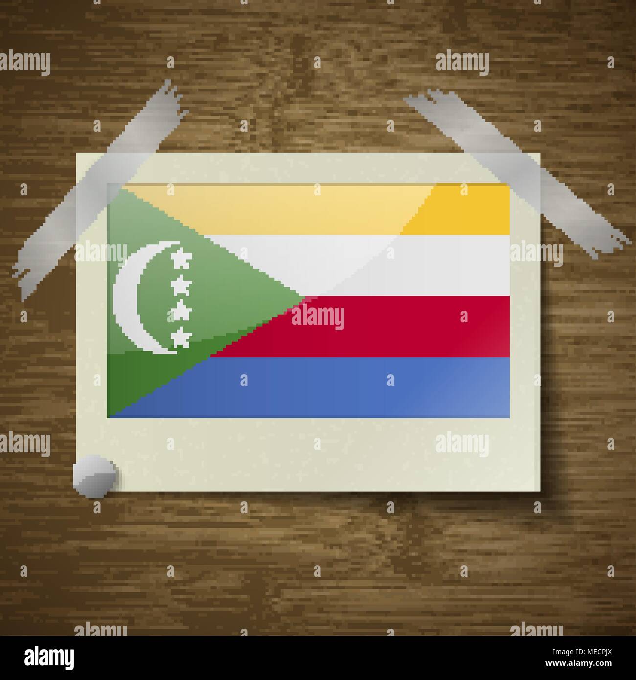 Flags of Comoros at frame on wooden texture. Vector illustration Stock ...