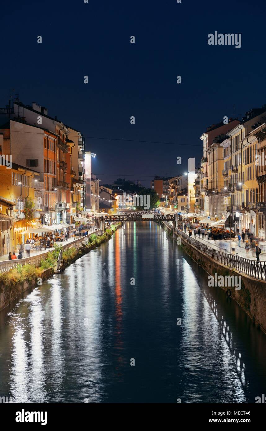 Naviglio Grande canal night life with restaurant and bars in Milan ...