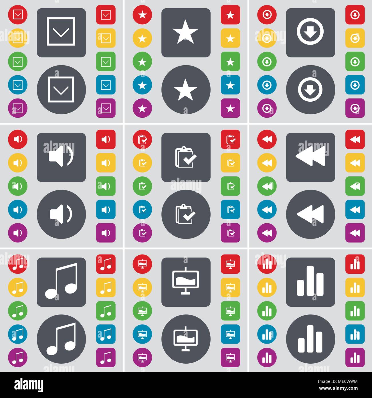 Arrow down, Star, Arrow down, Sound, Survey, Rewind, Note, Graph ...