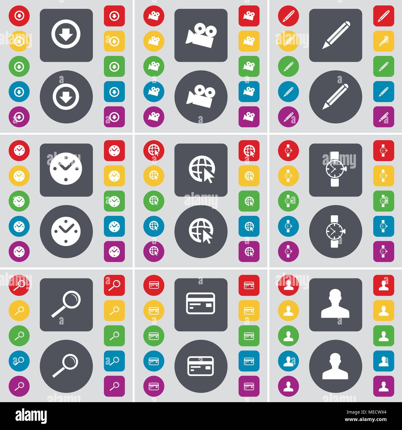 Arrow down, Film camera, Pencil, Clock, Web cursor, Wrist watch ...