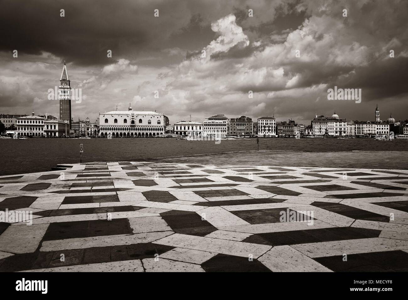 City skyline of Venice and ground pattern viewed from waterfront in ...