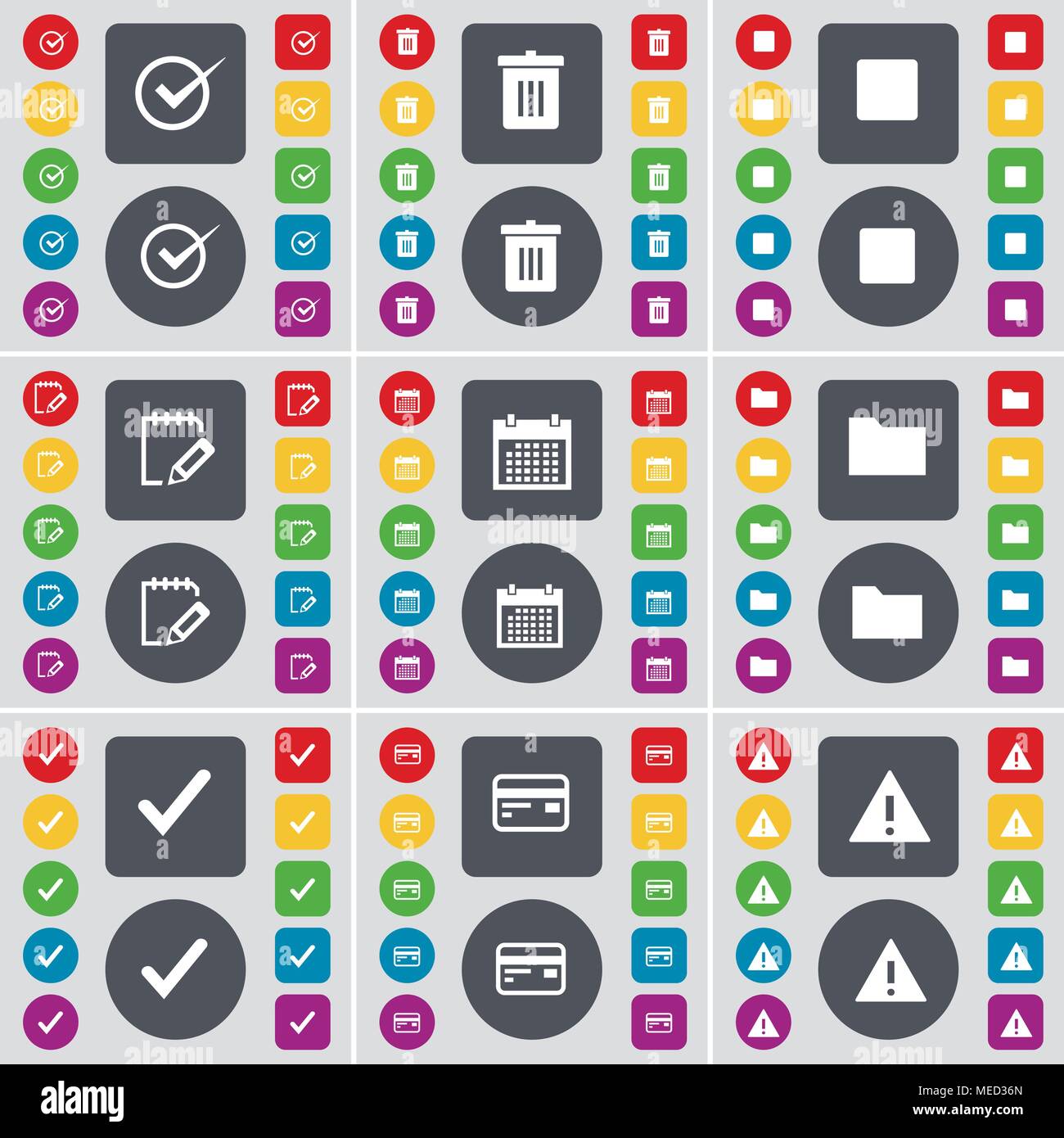 Tick, Trash can, Media stop, Notebook, Calendar, Folder, Tick, Credit ...