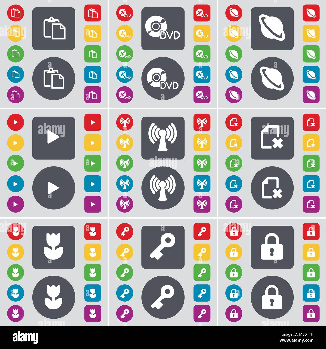 Survey, DVD, Planet, Media play, Wi-Fi, File, Flower, Key, Lock icon ...