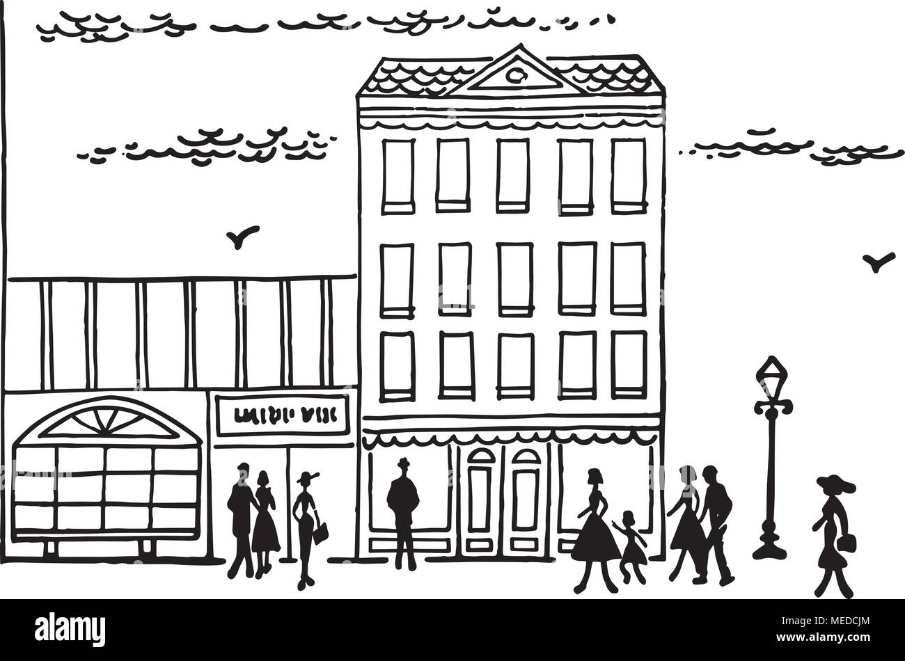 Downtown Street Scene - Retro Clipart Illustration Stock Vector Image ...