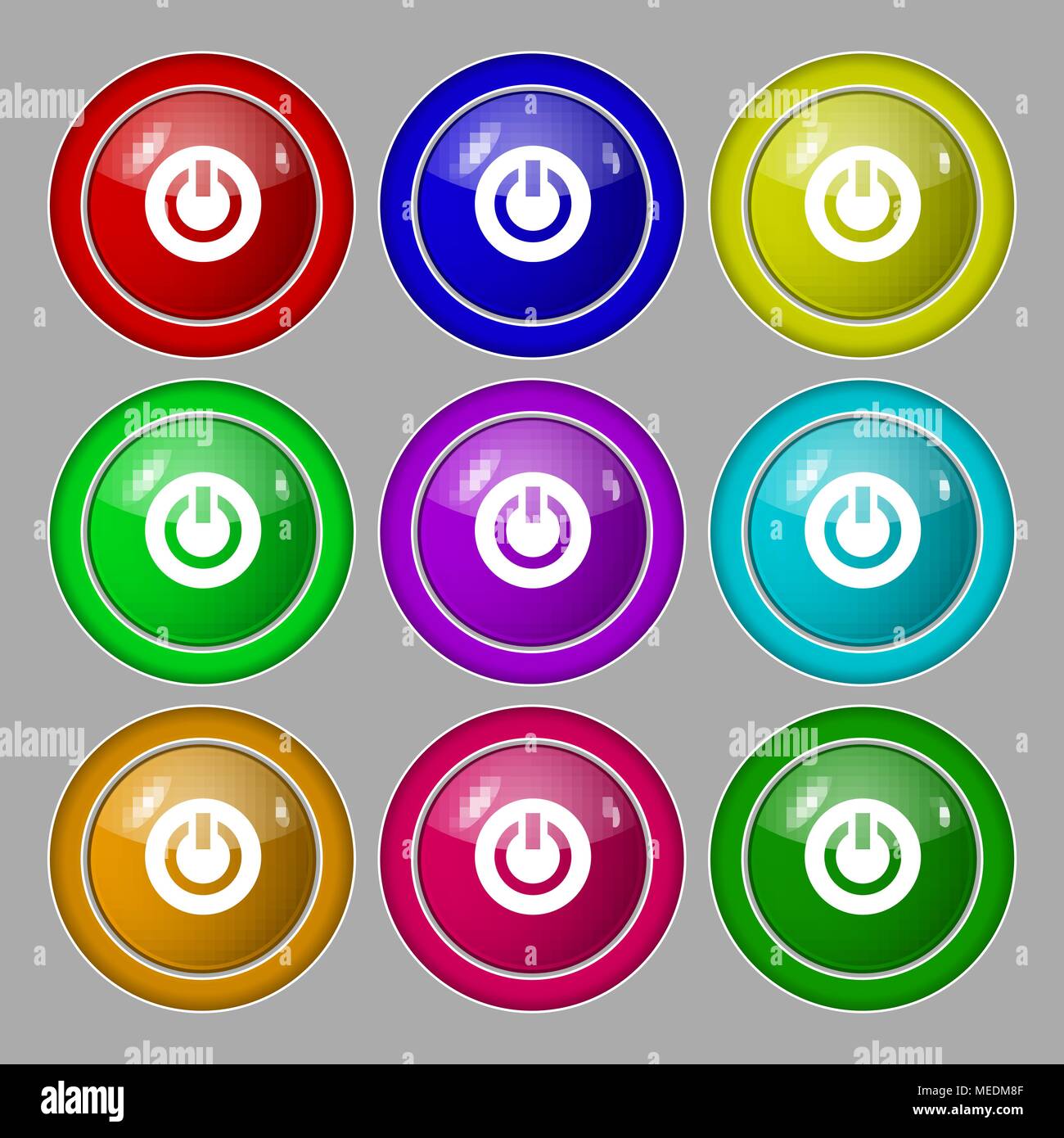 Power, Switch on, Turn on icon sign. symbol on nine round colourful ...