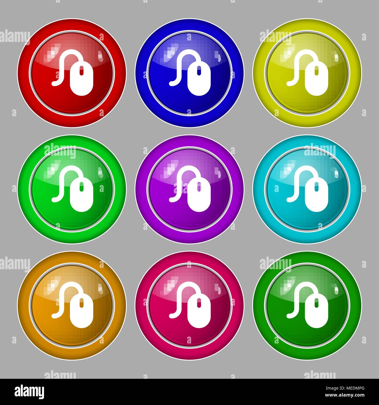 Computer mouse icon sign. symbol on nine round colourful buttons ...