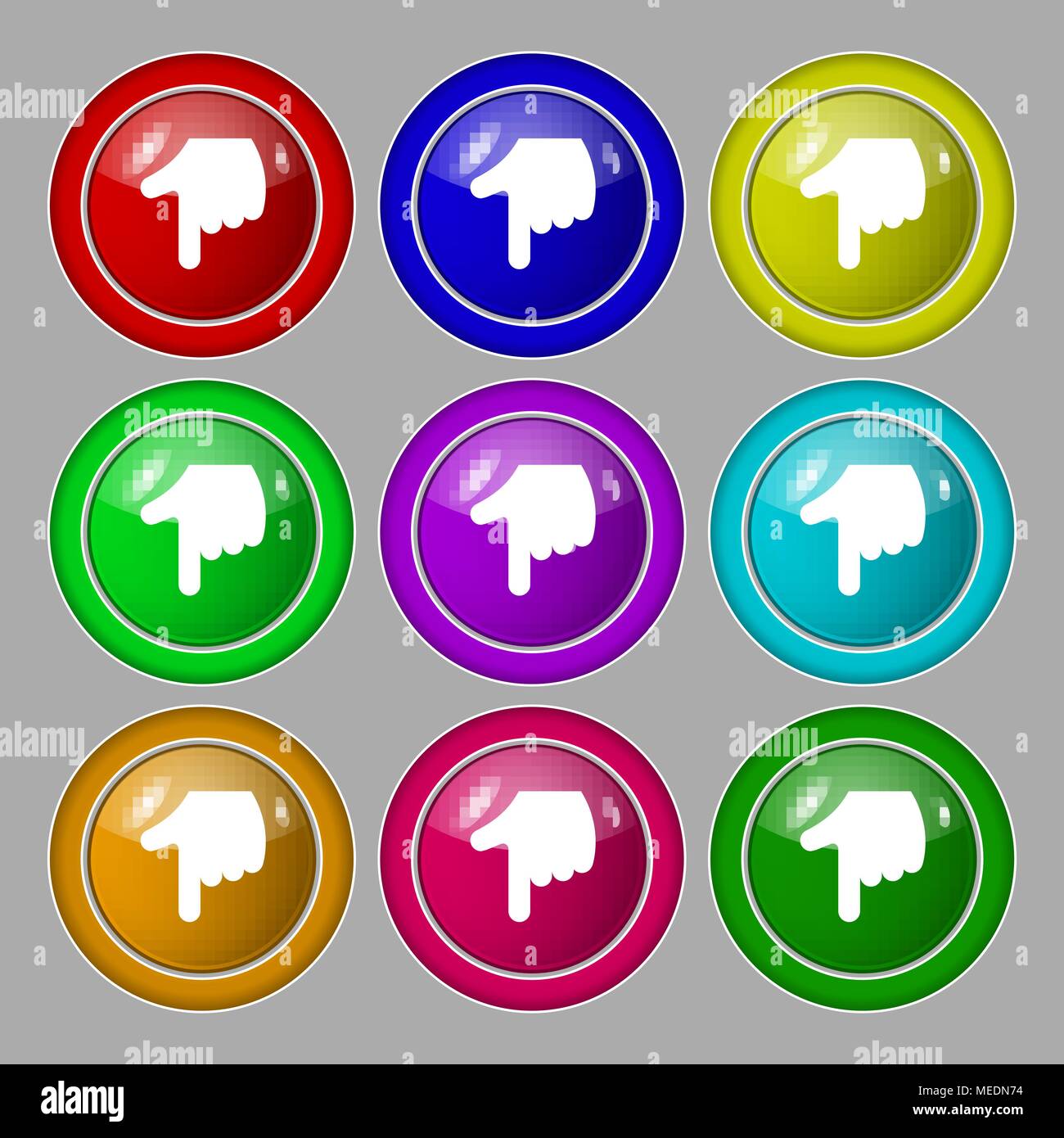 pointing hand icon sign. symbol on nine round colourful buttons. Vector illustration Stock ...
