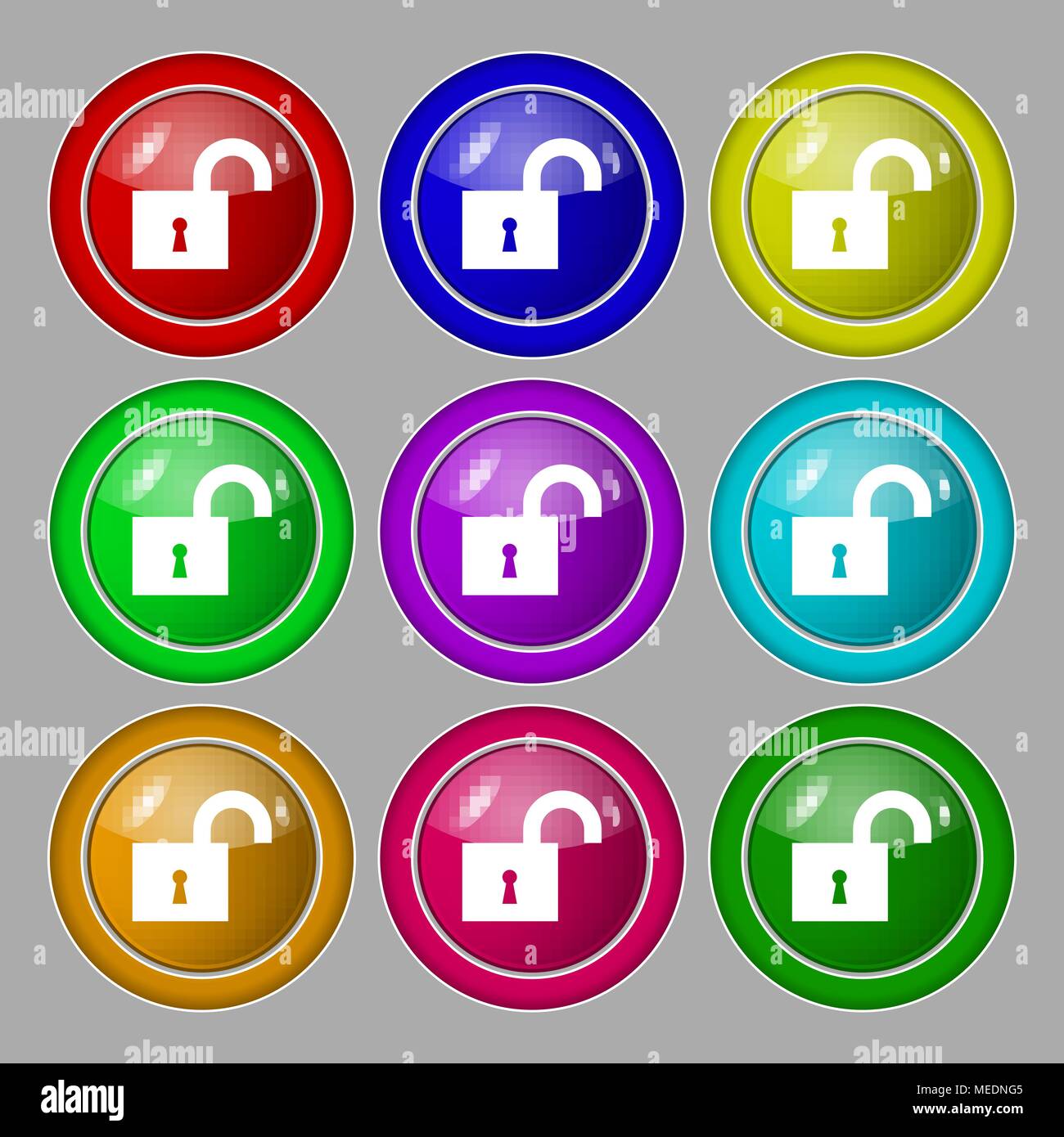 open lock icon sign. symbol on nine round colourful buttons. Vector illustration Stock Vector ...