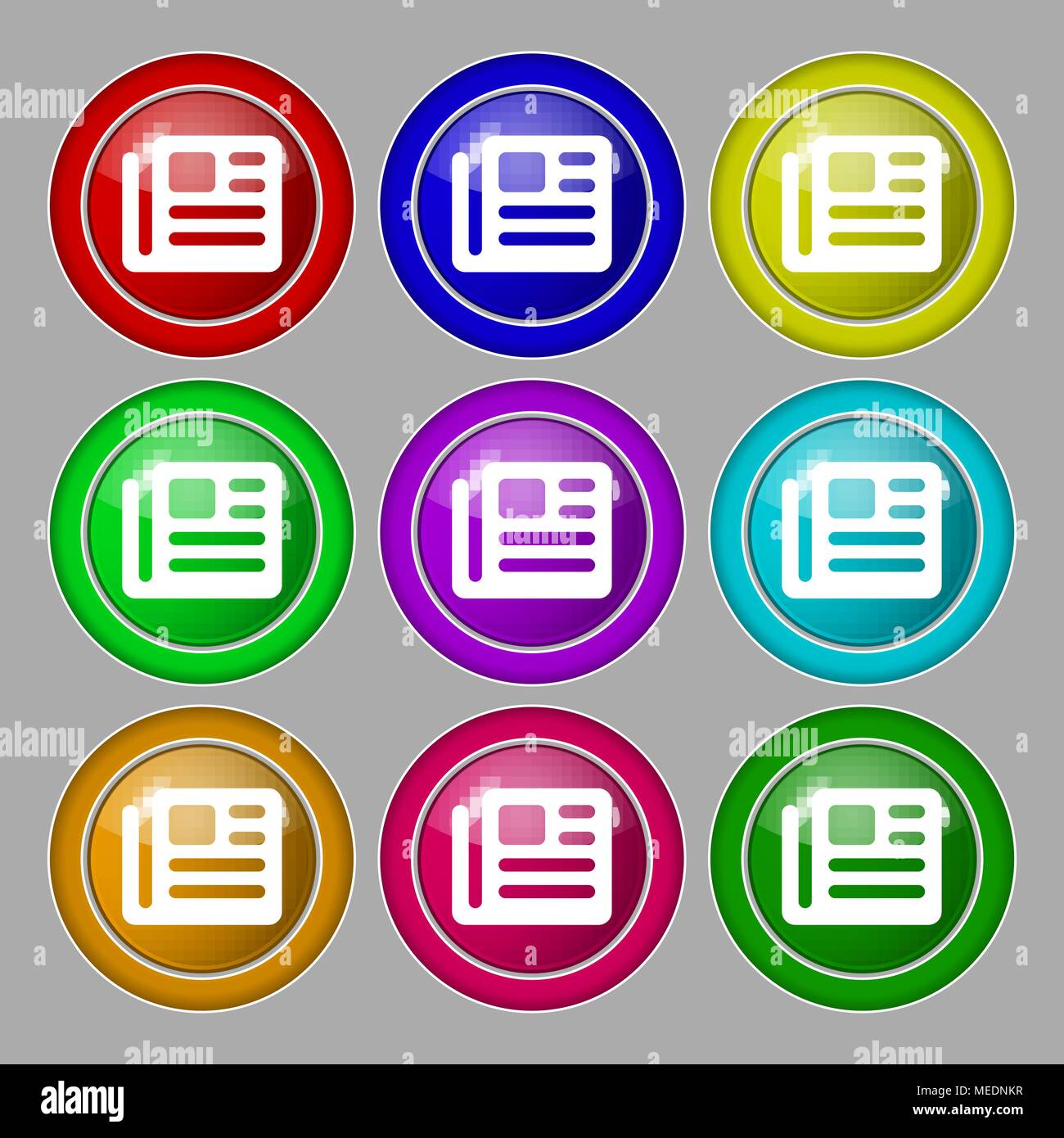 book, newspaper icon sign. symbol on nine round colourful buttons ...
