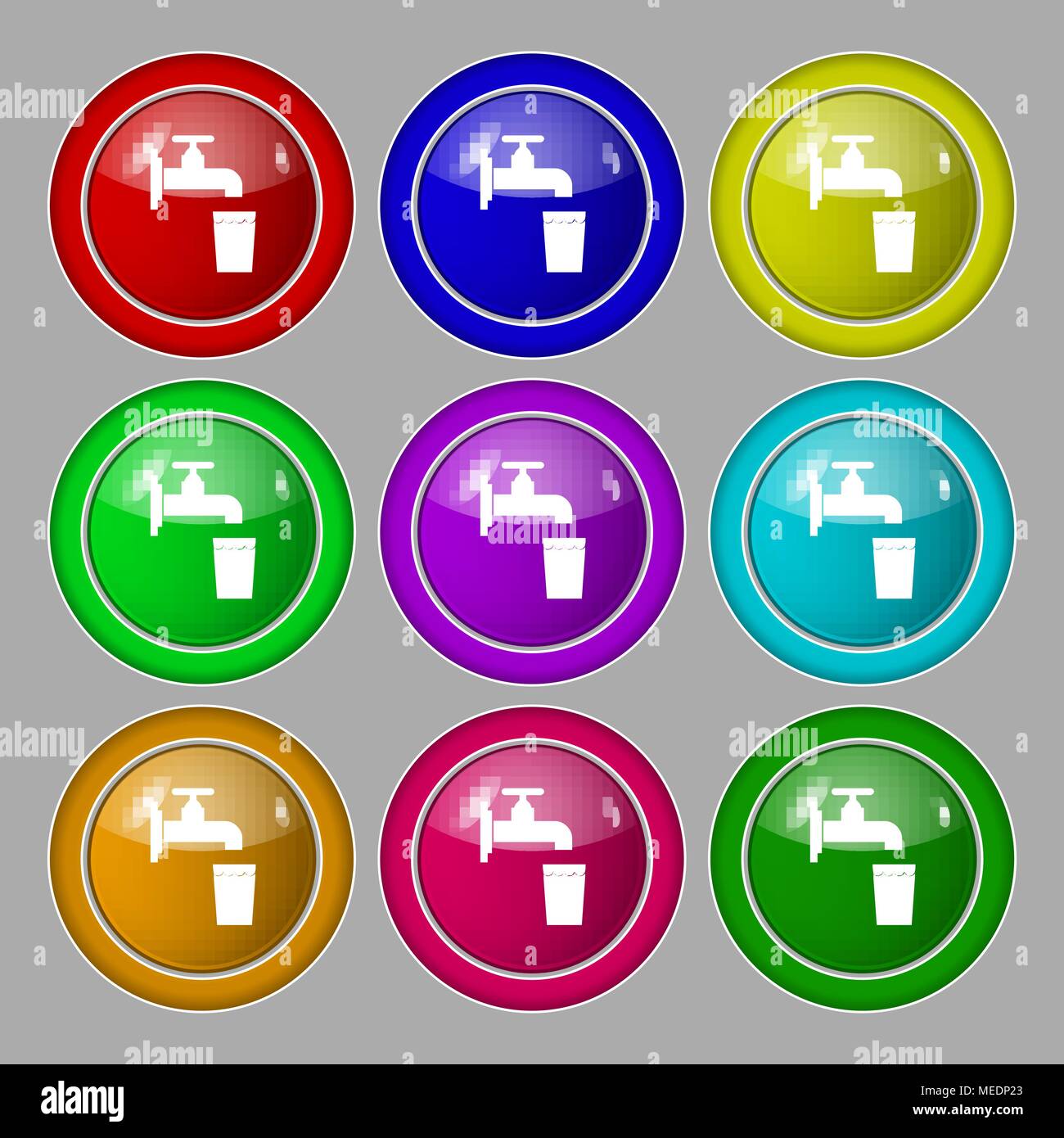 faucet, glass, water icon sign. symbol on nine round colourful buttons ...