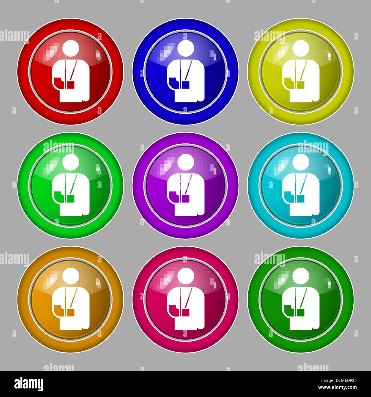 broken arm, disability icon sign. symbol on nine round colourful ...