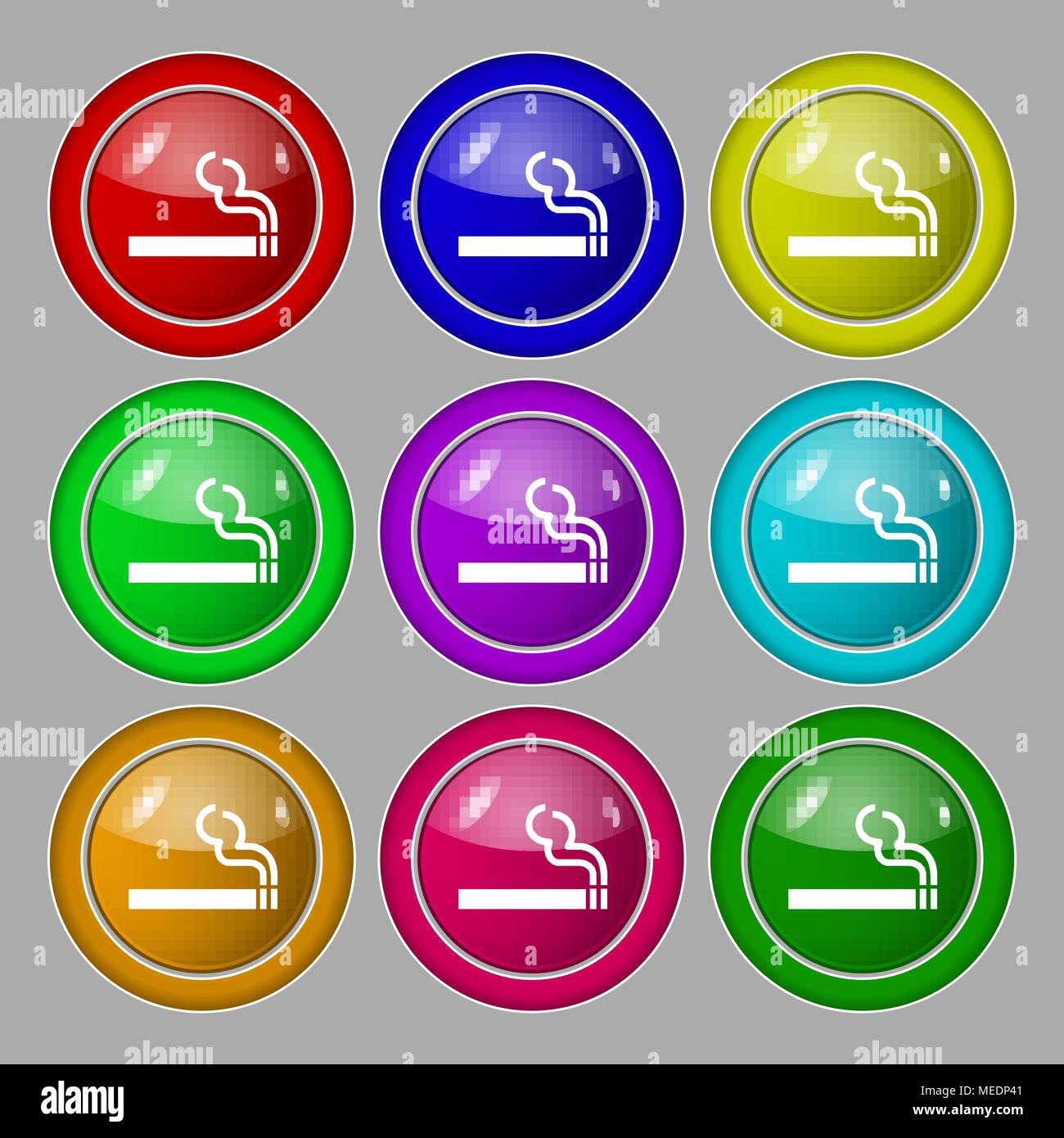 cigarette smoke icon sign. symbol on nine round colourful buttons ...