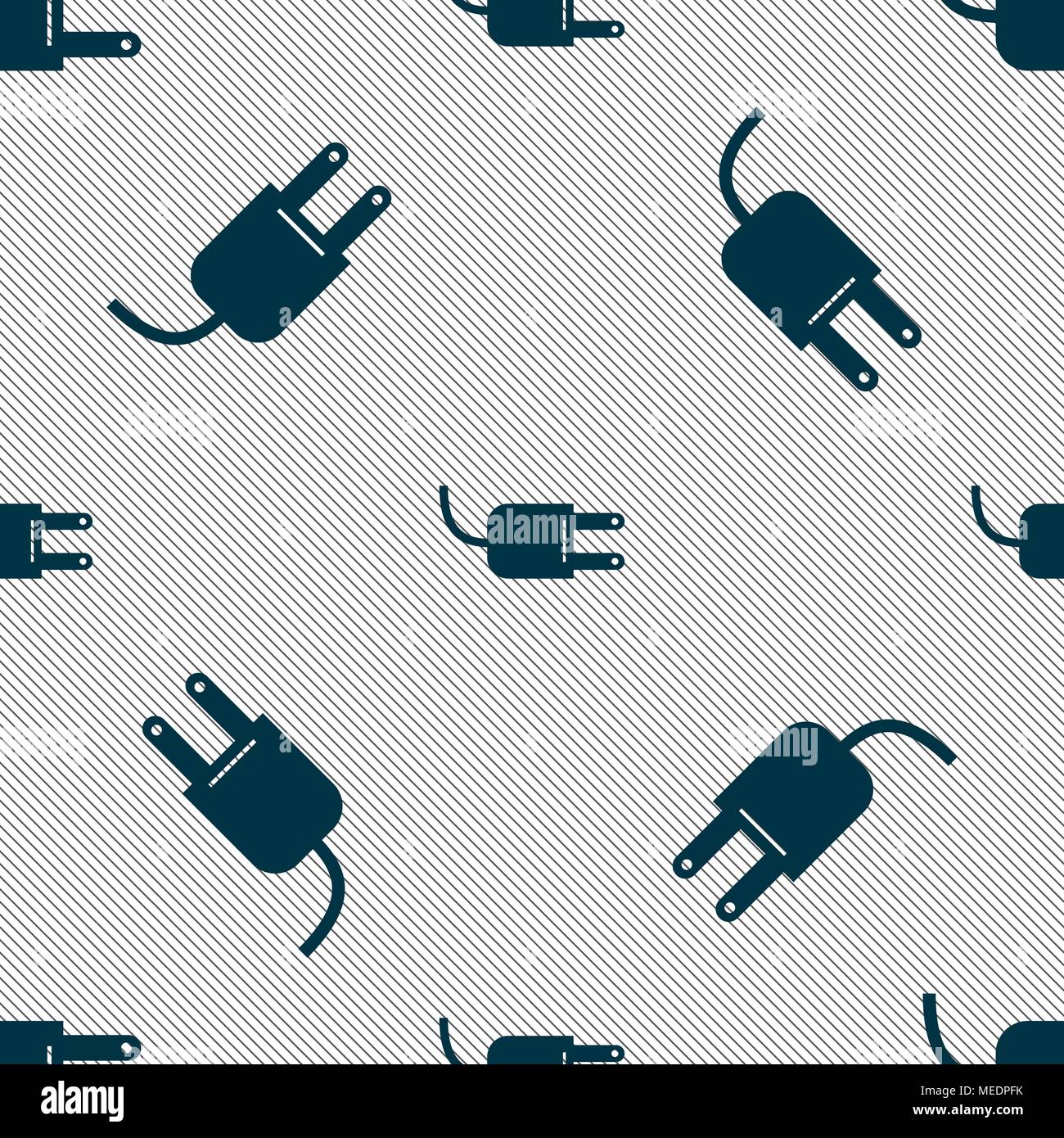Electric plug sign icon. Power energy symbol. Seamless pattern with geometric texture. Vector ...